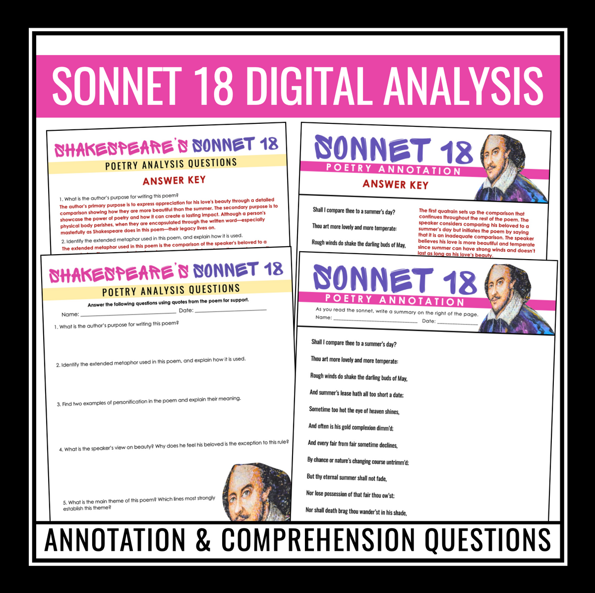 Shakespearean Sonnet Writing Analysis of Sonnet 18 Poetry Activities ...