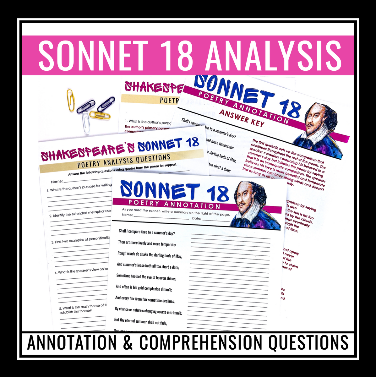 Shakespearean Sonnet Writing and Analysis of Sonnet 18 Poetry Activiti ...