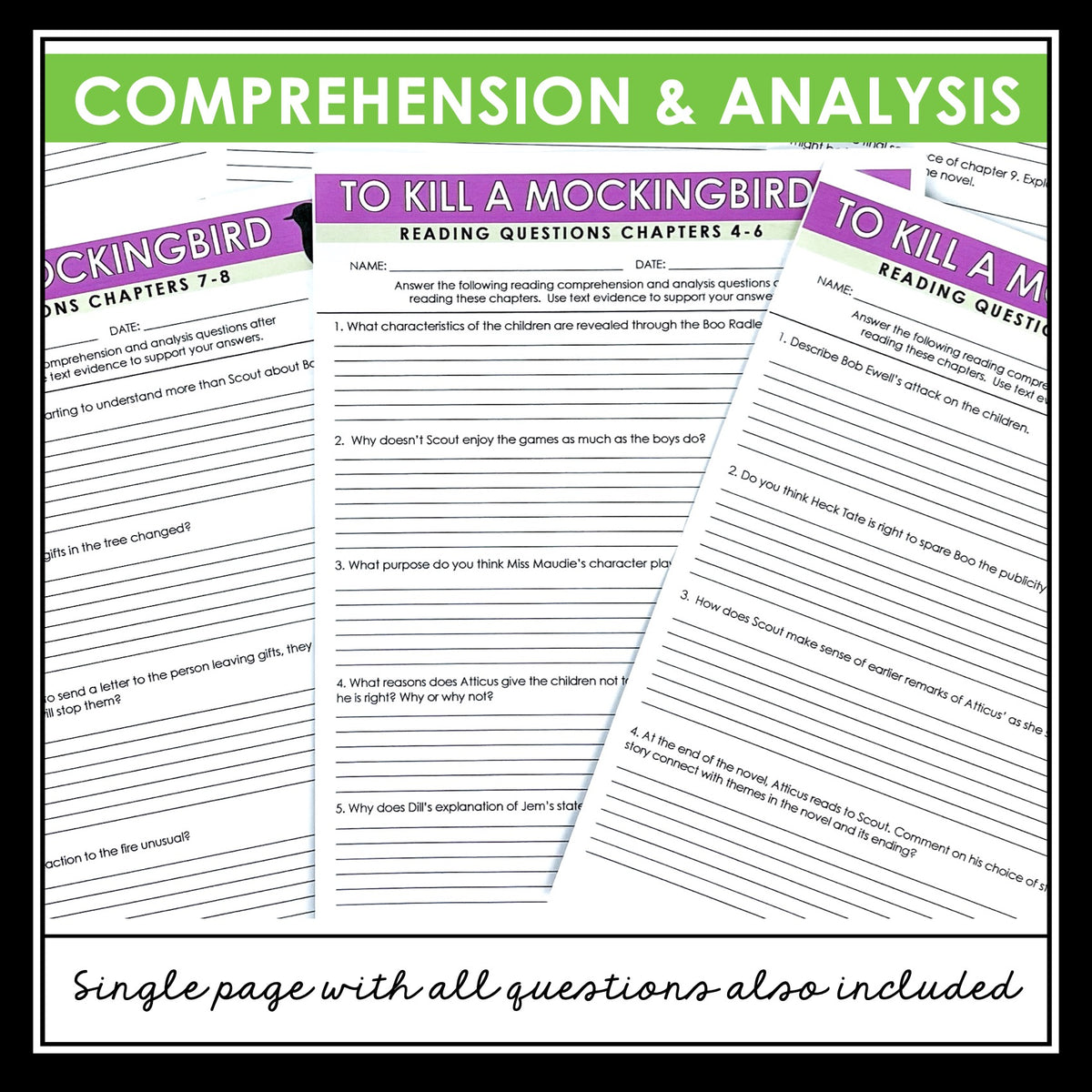 To Kill a Mockingbird Questions - Comprehension and Analysis Reading Q ...