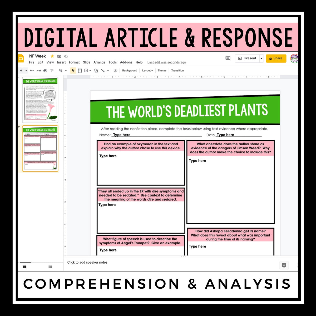 Nonfiction Reading Comprehension Digital Article & Activities Deadlies ...