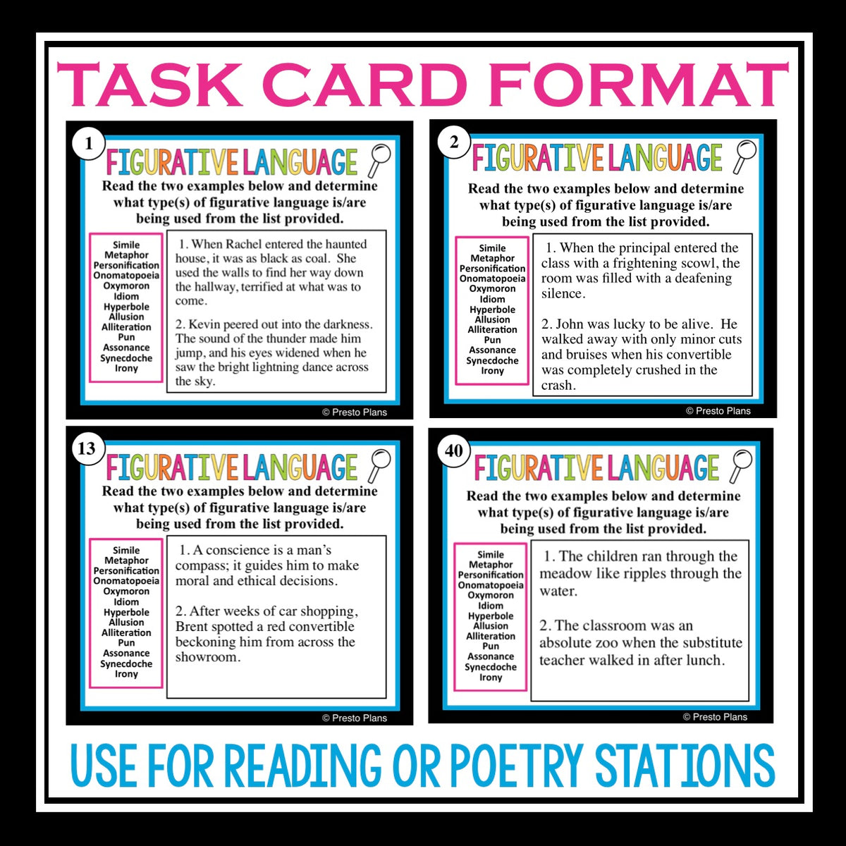 FIGURATIVE LANGUAGE PRACTICE: BELL RINGERS & TASK CARDS – Presto Plans