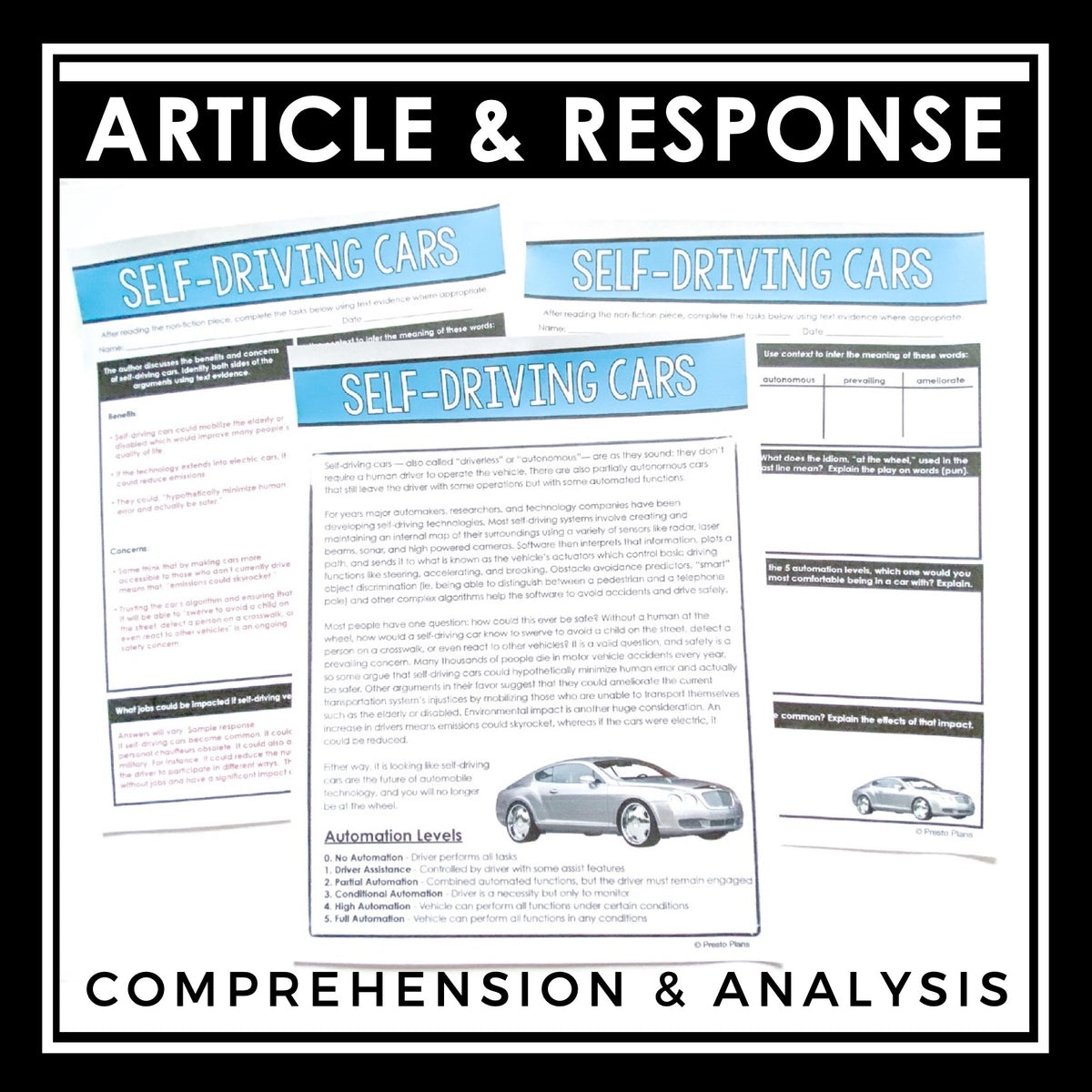 Nonfiction Reading Comprehension Article and Activities - Self-Driving ...