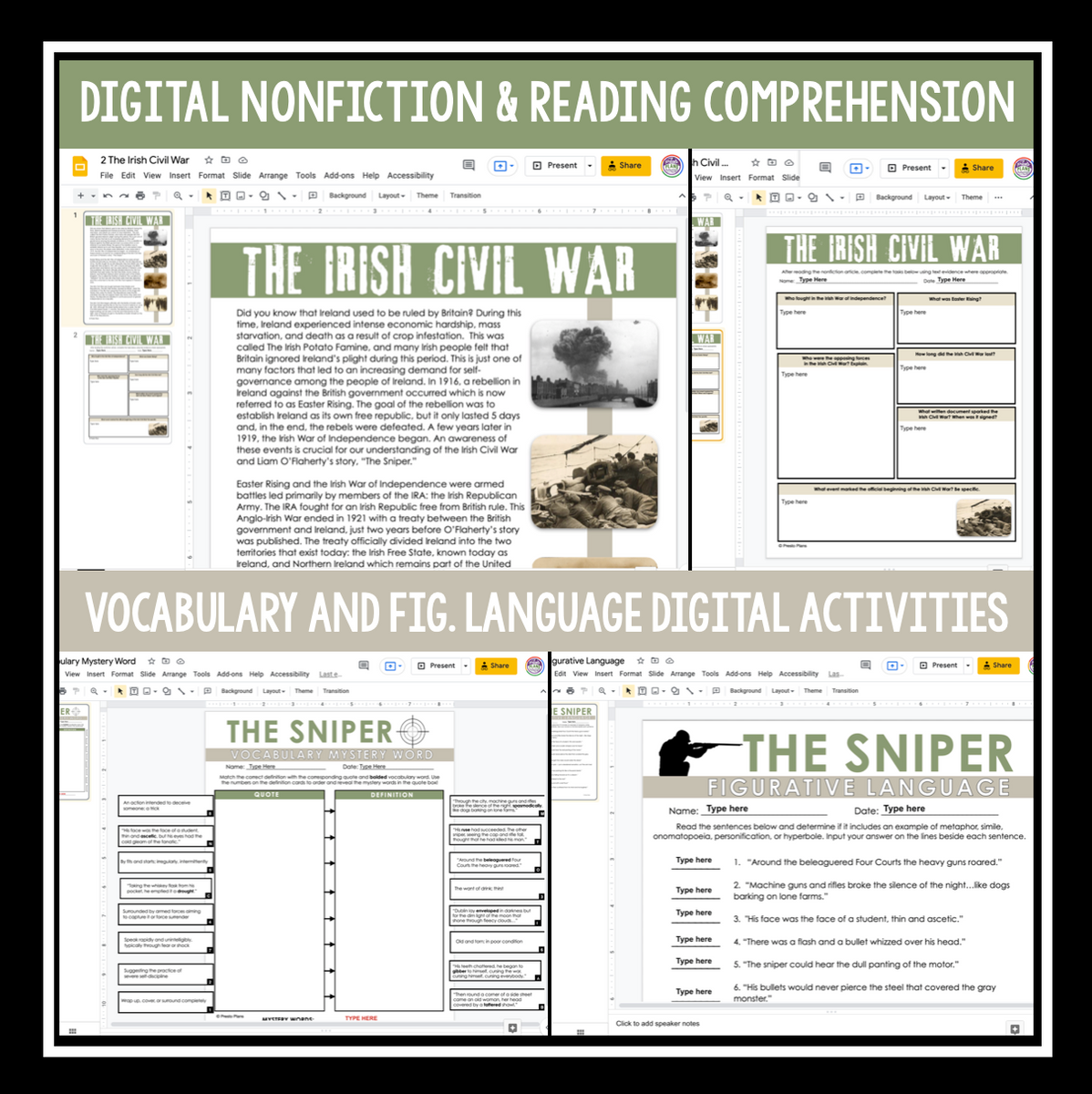 THE SNIPER BY LIAM O'FLAHERTY DIGITAL SHORT STORY PRESENTATION & ACTIV ...