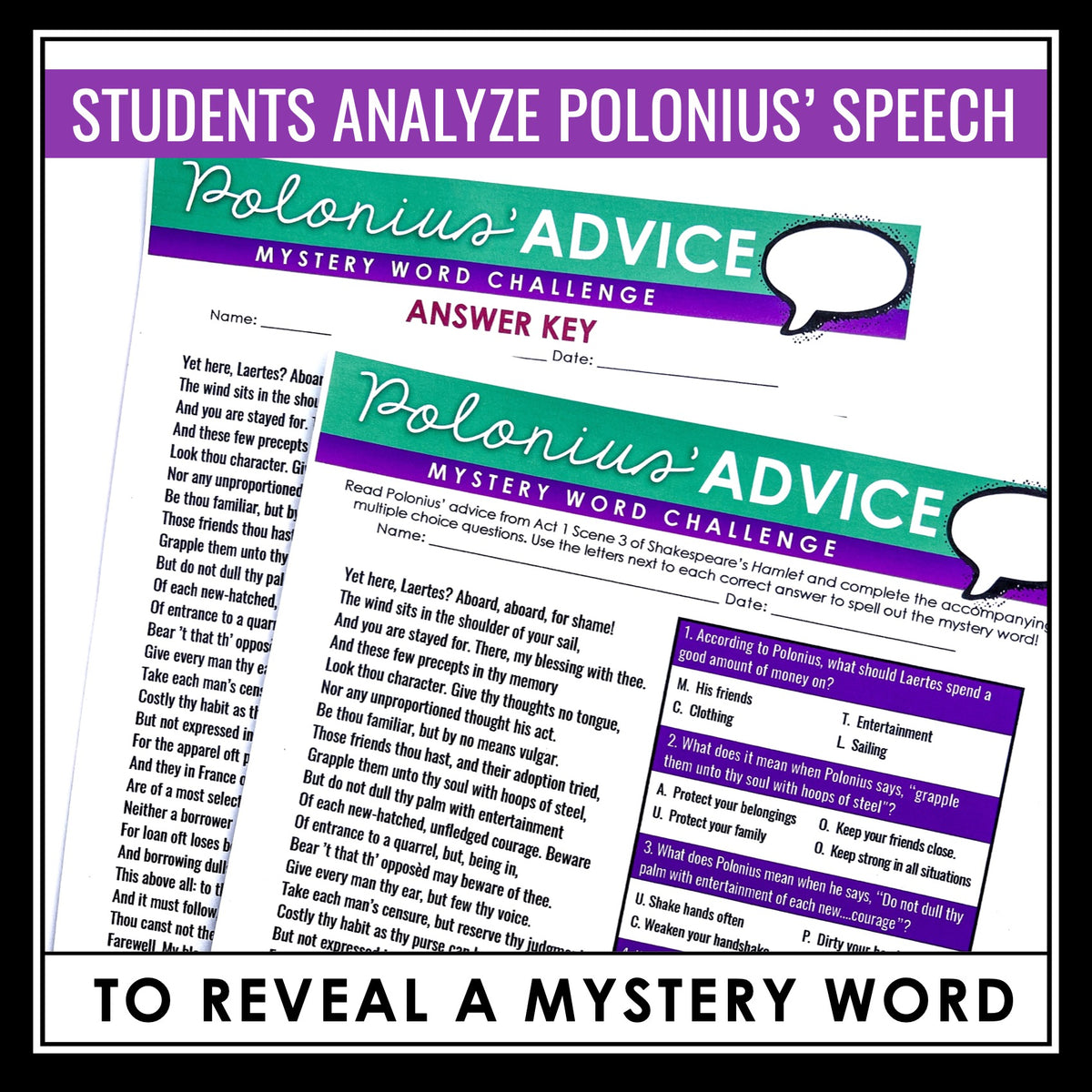 Hamlet Activity - Polonius' Advice Speech Analysis Mystery Word Challe ...