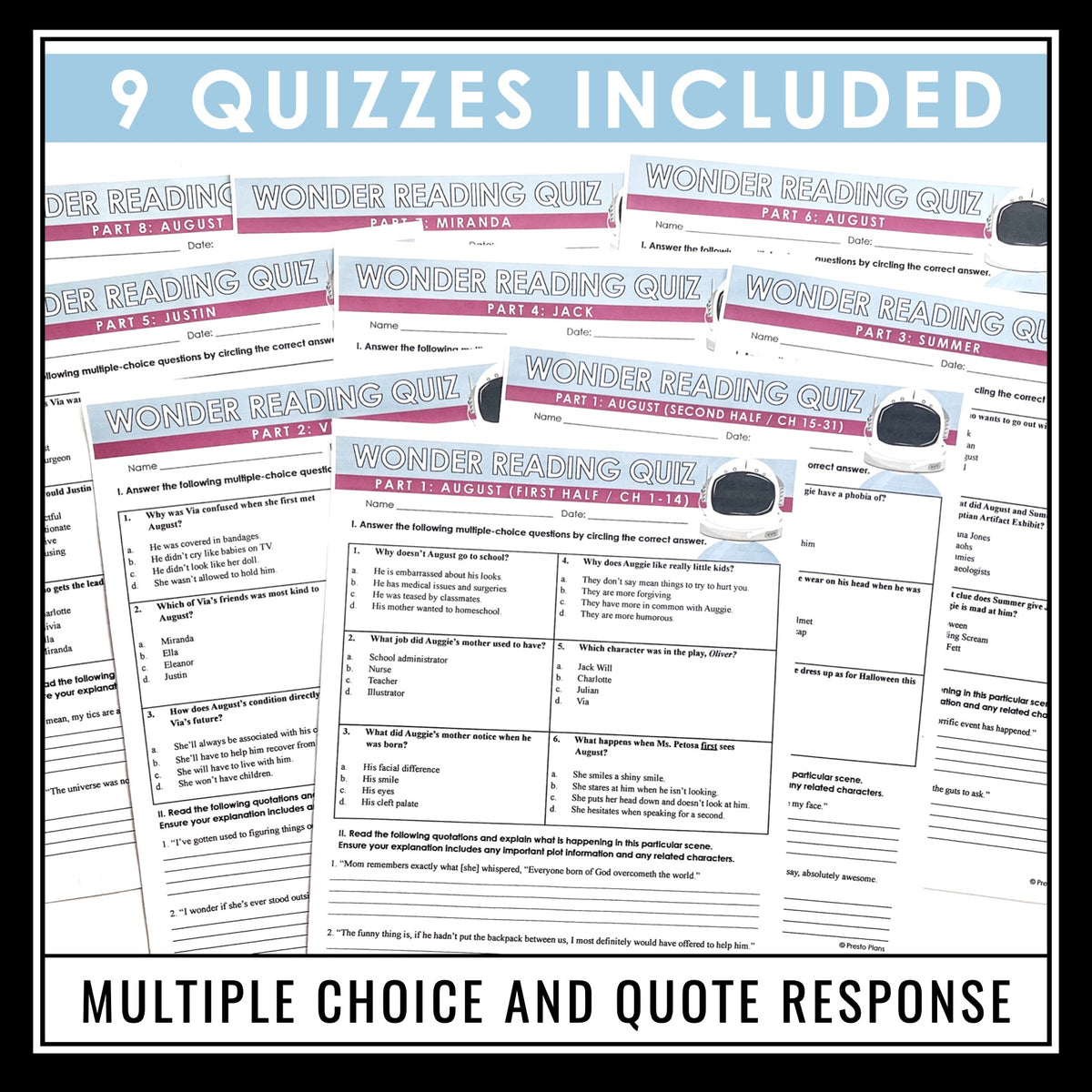Wonder Quizzes - Multiple Choice and Quote Chapter Reading Quizzes - A ...