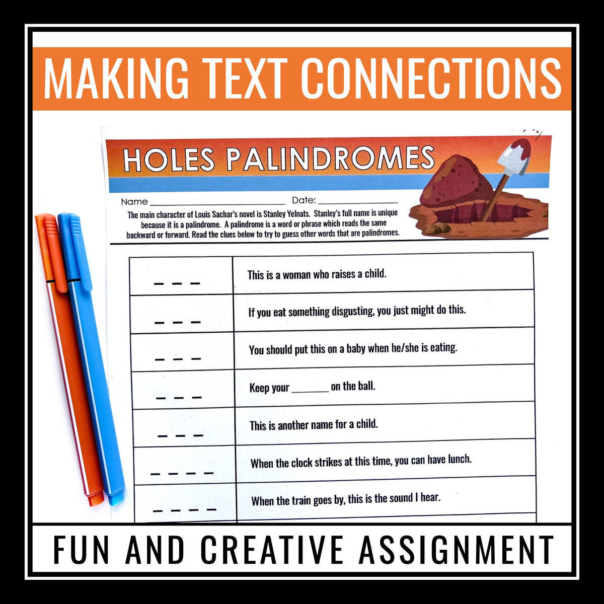 Holes Activity - Palindrome Creative Assignment for Louis Sachar's Nov ...