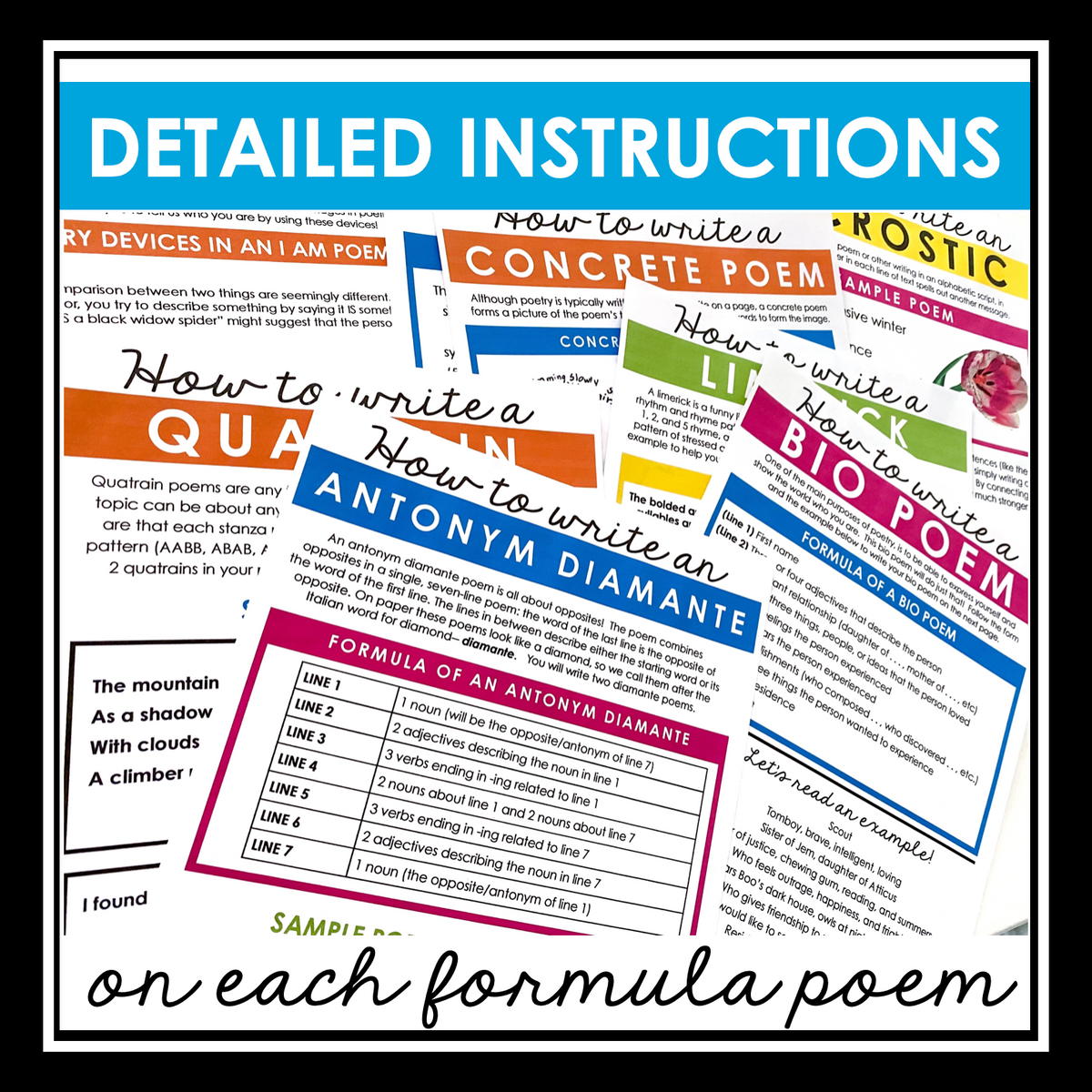 Poetry Writing Unit Booklet - Haiku, Acrostic, Limerick, Concrete, & M ...